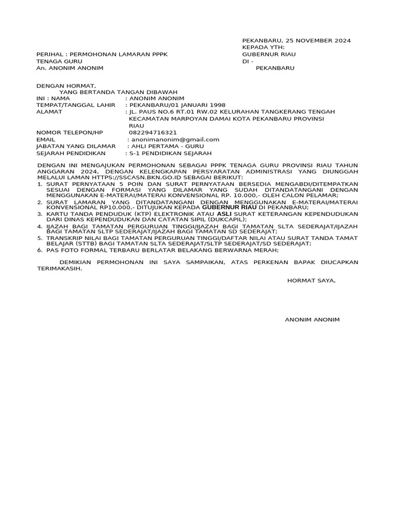 Surat Permohonan PPPK Guru Anonim | PDF