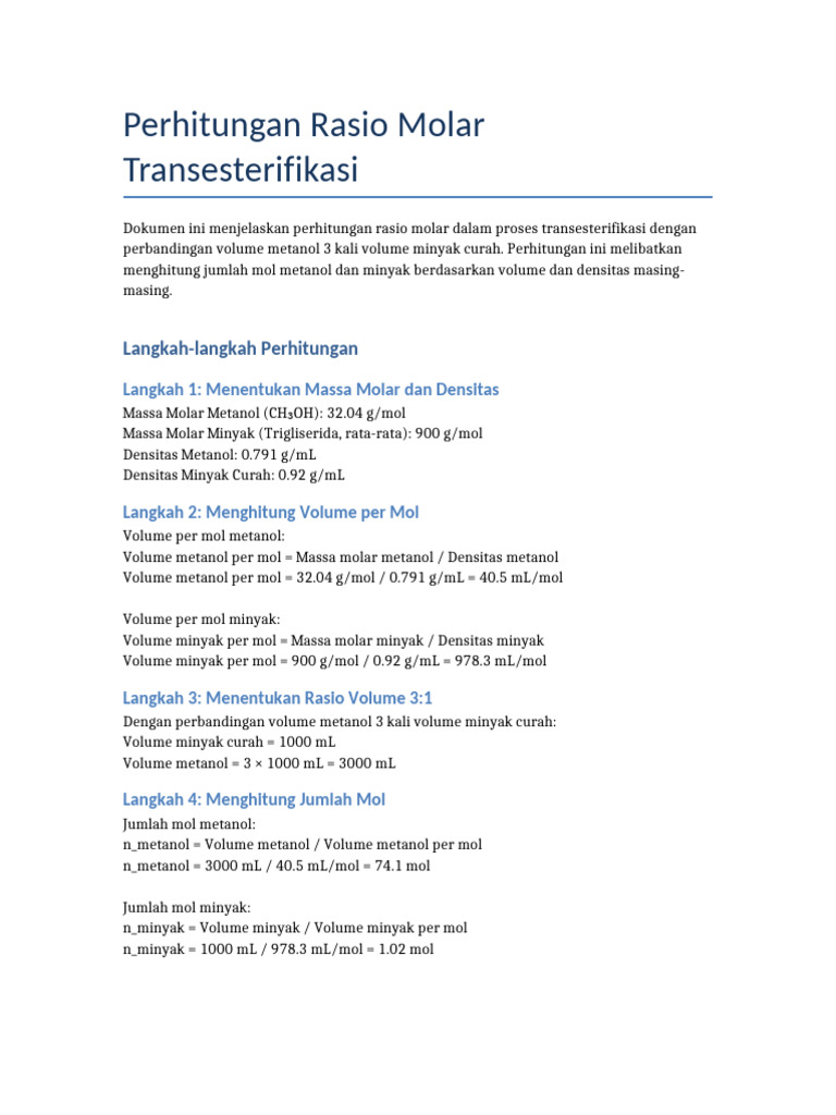 Rasio Molar Transesterifikasi 72.6:1 | PDF
