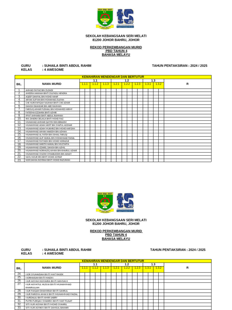 Rekod Jajaran BM Tahun 4a | PDF