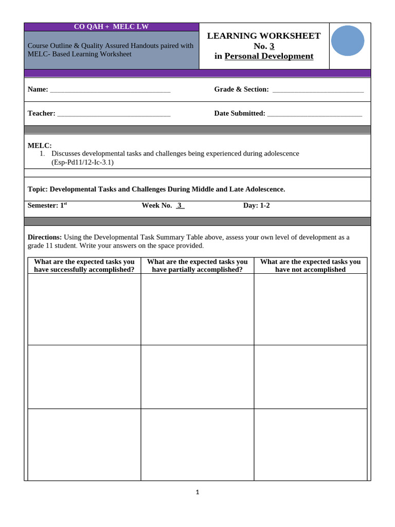 PERDEV WEEK 4 Worksheet - Developmental Tasks and Challenges Being Experienced During ...