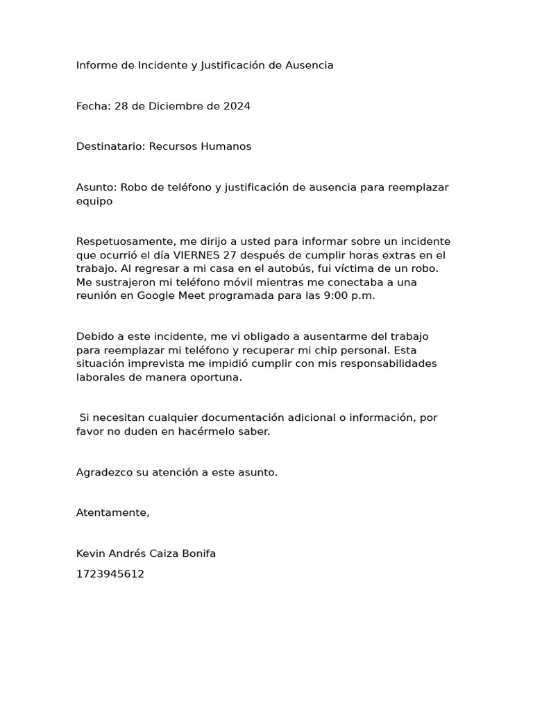 Informe de Robo y Ausencia Laboral | PDF