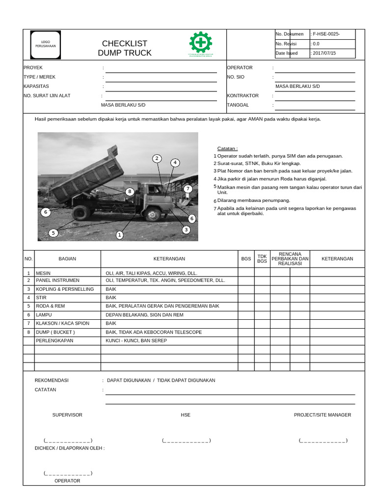 53 Form Checklist Inspeksi Dump Truck | PDF