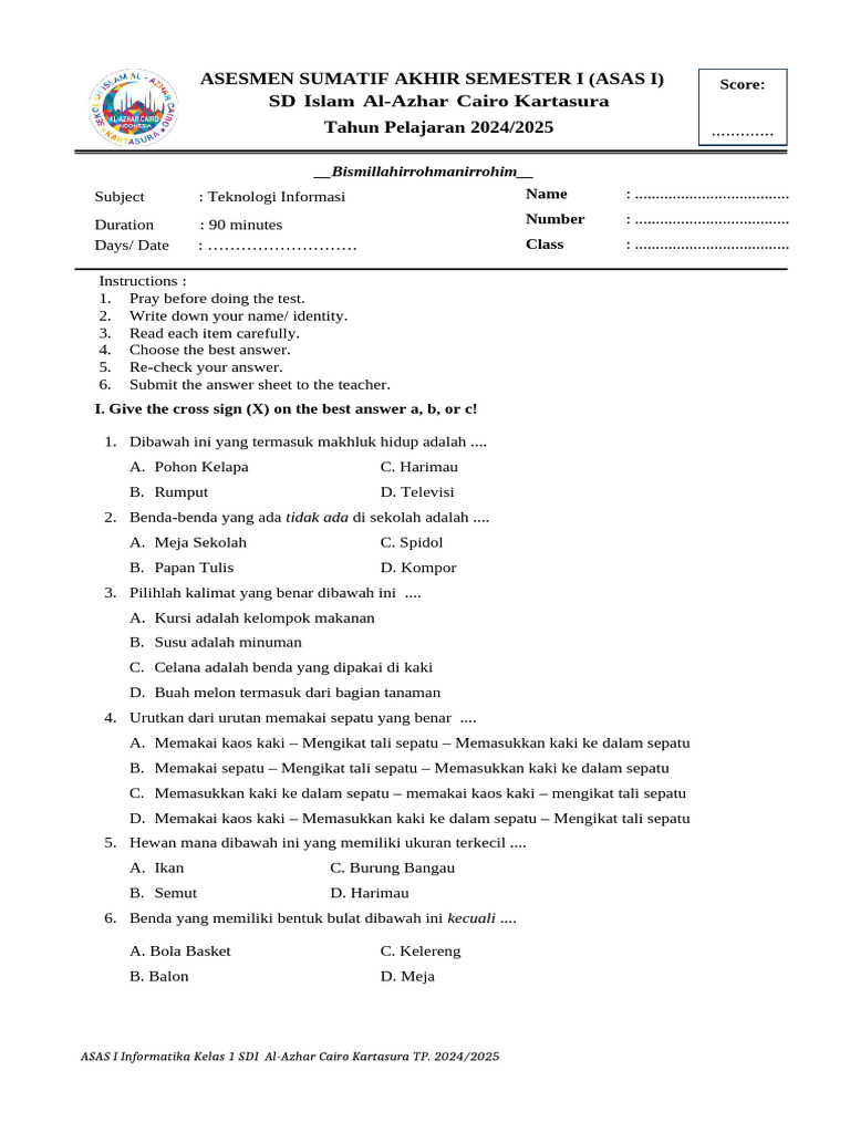 SOAL Informatika Kelas 1 SD | PDF