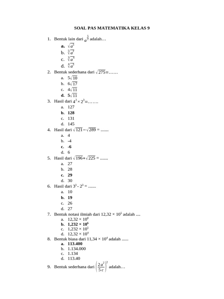 Soal Pas Matematika Kelas 9 | PDF