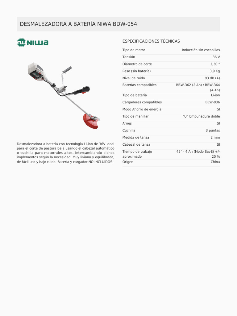 Ficha - 1112 - Desmalezadora A Bateria Niwa BDW 054 | PDF