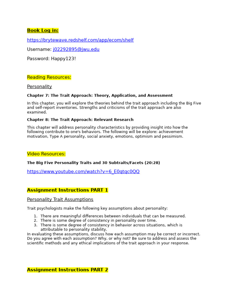 Week 4 Personality Assignments_mwAaoHc | PDF | Psychology | Psychological Concepts
