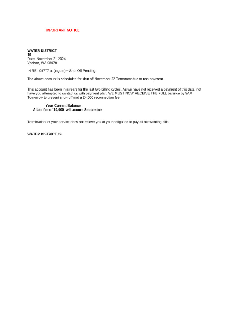 Urgent: Water Service Shut Off Notice | PDF