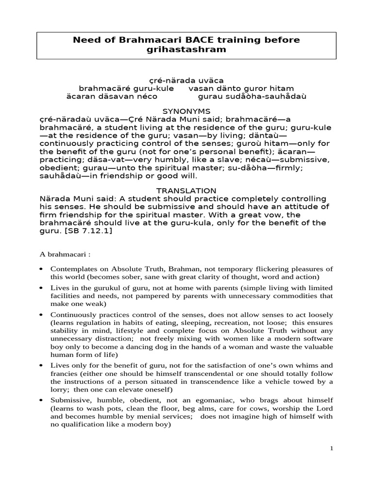 Need of Brahmacari BACE Training Before Grihastashram | PDF | Bhakti ...