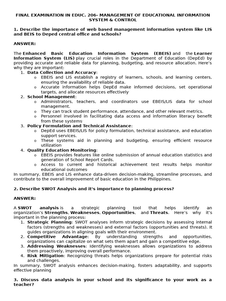 FINAL EXAMINATION IN EDUC 206 SANGUTAN JOMEL | PDF | Swot Analysis ...