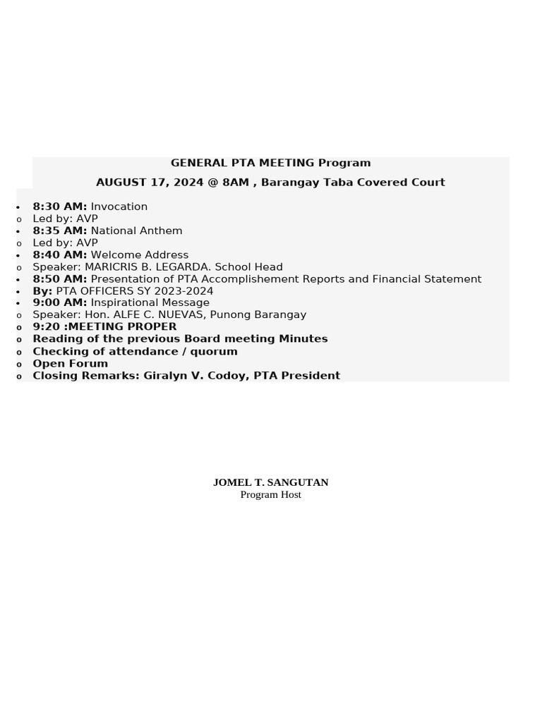 General Pta Meeting Program 2024 | PDF