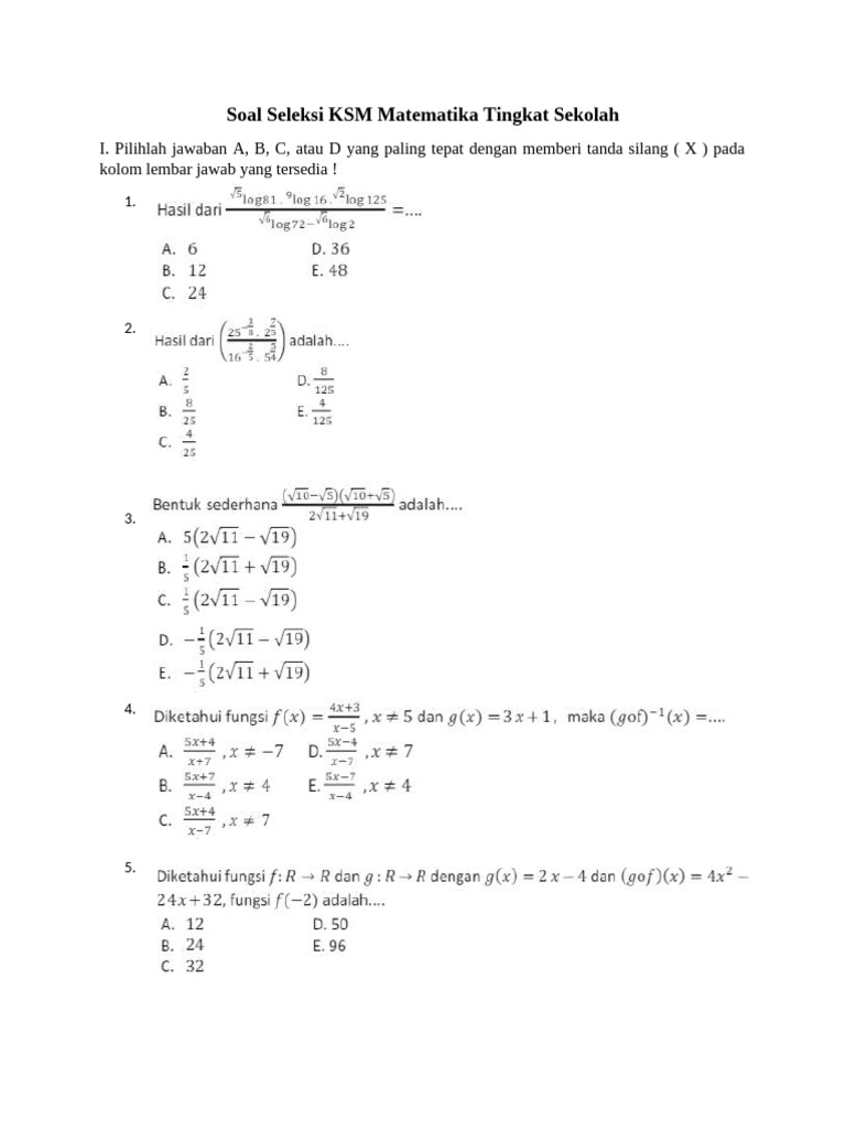 Soal Seleksi KSM Matematika Tingkat Sekolah | PDF