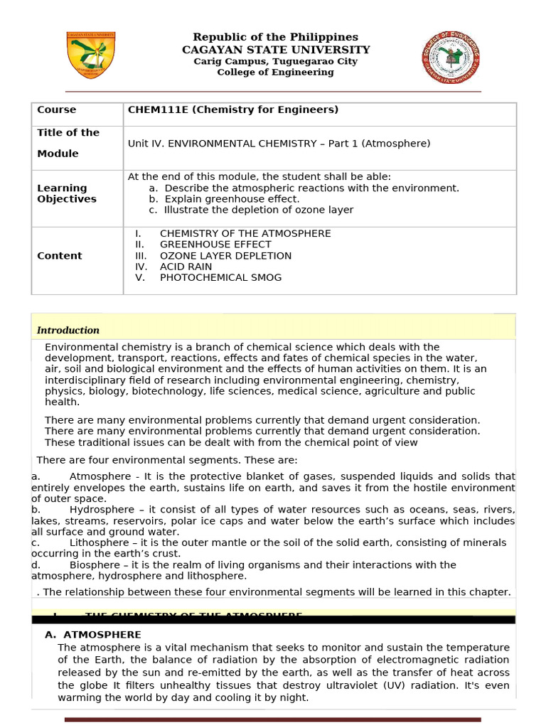 Environmental Chemistry: Atmosphere Focus | PDF | Atmosphere Of Earth ...