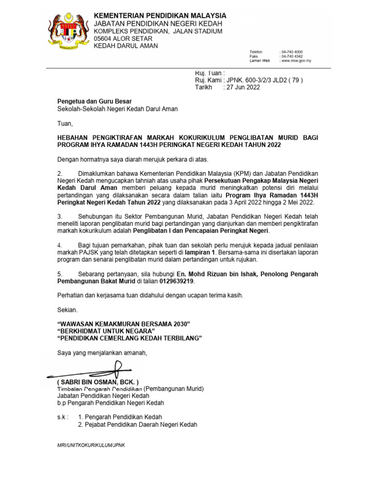 Hebahan Pengiktirafan Markah Kokurikulum Penglibatan Murid Bagi Program ...