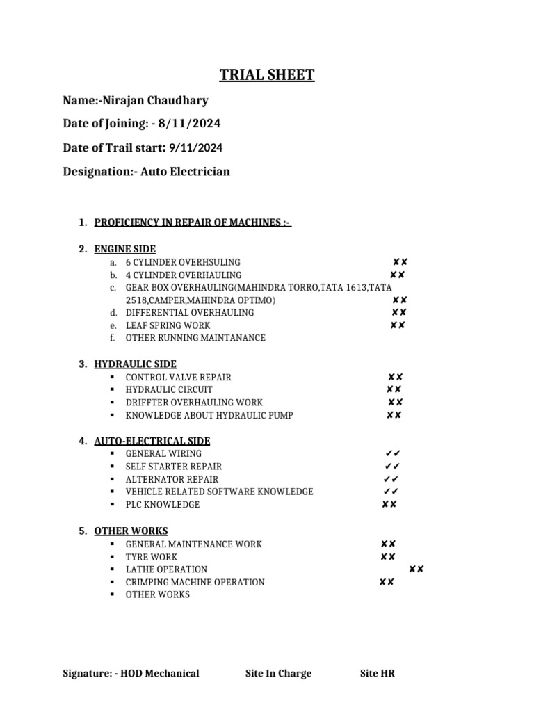 Auto Electrician Trial Sheet Overview | PDF