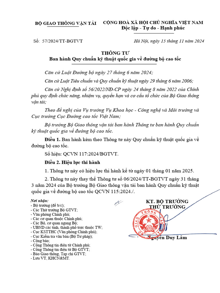 QCVN 117.2024.BGTVT Quy Chuan Ky Thuat Quoc Gia Ve Duong Bo Cao Toc | PDF