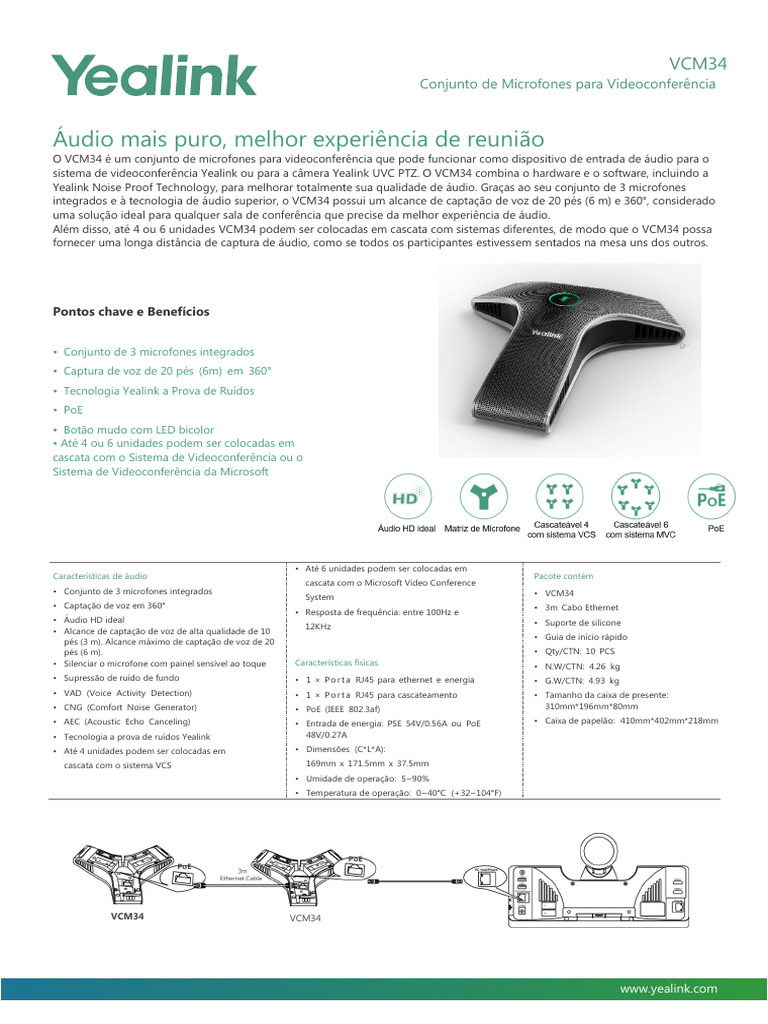 Yealink VCM34 Video Conferencing Microphone Array Datasheet Traduzido ...