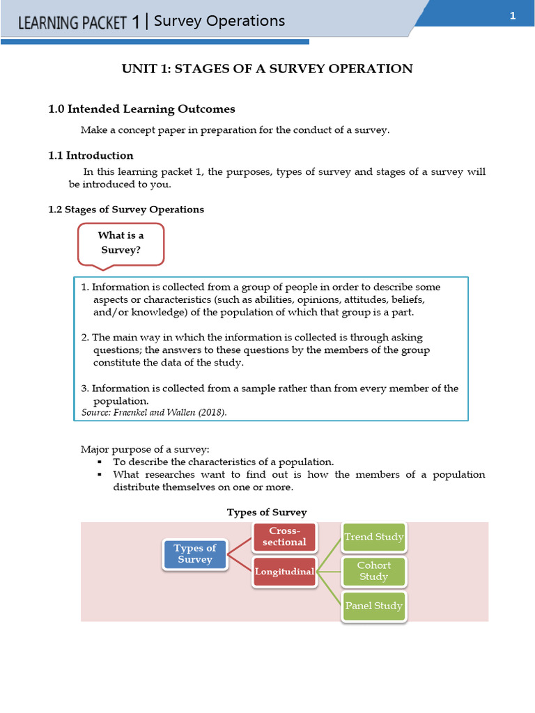 (LP1) Unit 1 - Stages of a Survey Operation - STAT 11 | PDF | Sampling (Statistics) | Cohort Study