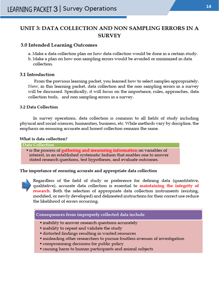 (LP3) Unit 3 - Data Collection and Non-Sampling Errors in a Survey - Stat 11 | PDF | Survey ...