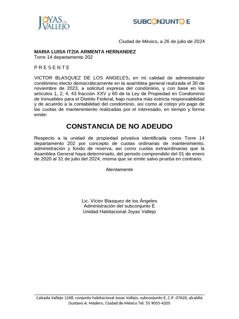 CONSTANCIA DE NO ADEUDO MARIA LUISA 14 202 | PDF