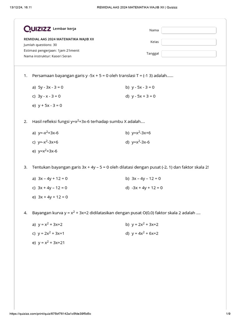 Remidial Aas 2024 Matematika Wajib Xii | PDF