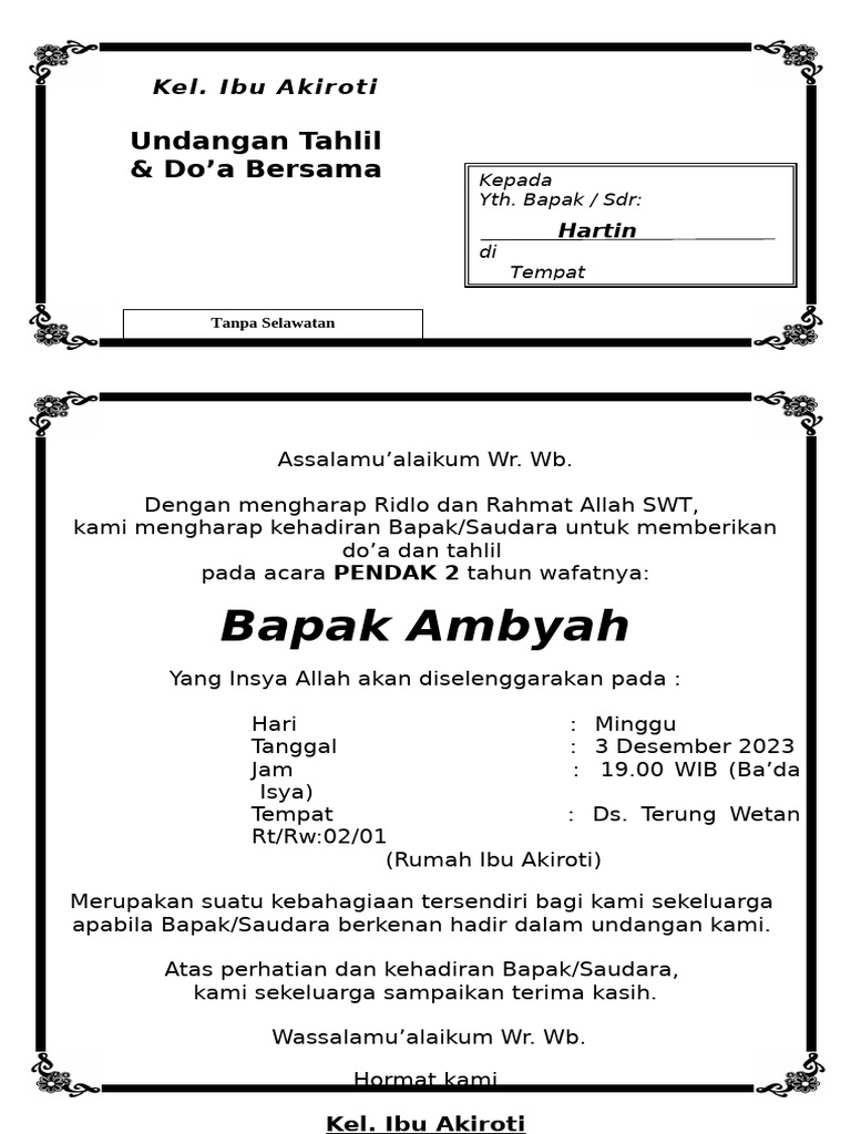 Undangan Tahlil untuk Bapak Ambyah | PDF