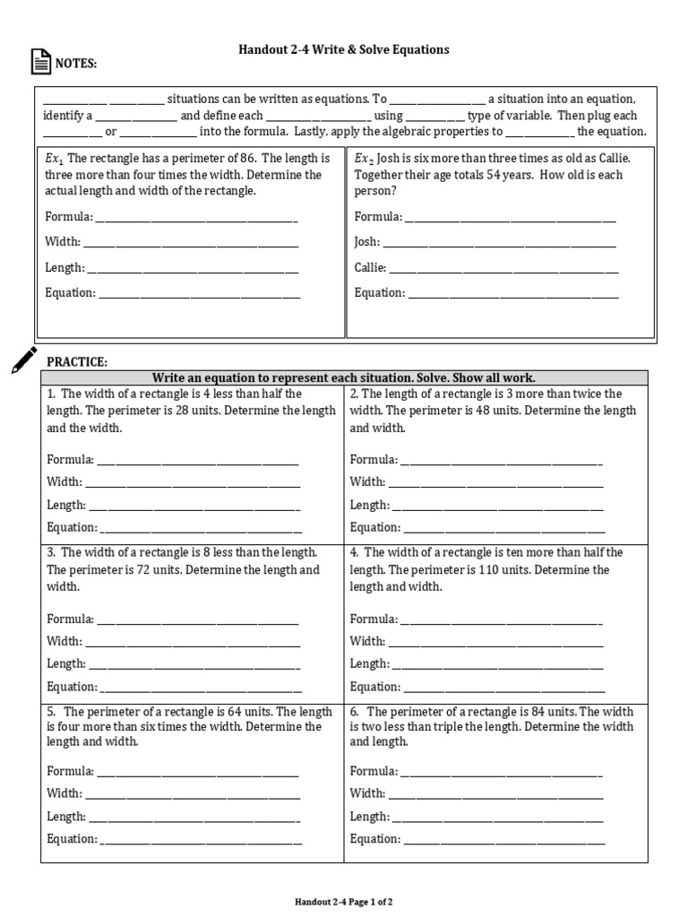 Handout 2-4 Write & Solve Equations | PDF | Equations | Mathematical ...