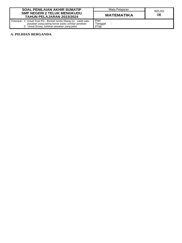 Soal Sumatif Matematika Ix 2023-2024 | PDF