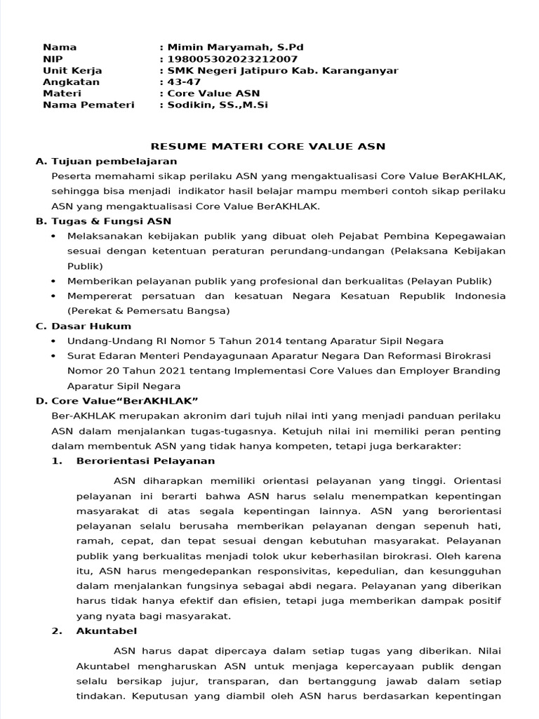 Core Value ASN: BerAKHLAK dan Implementasinya | PDF