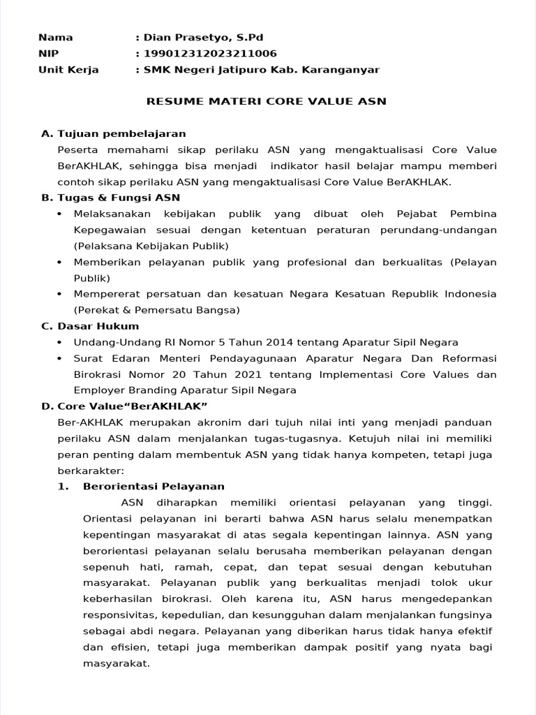 ASN dan Core Value BerAKHLAK | PDF