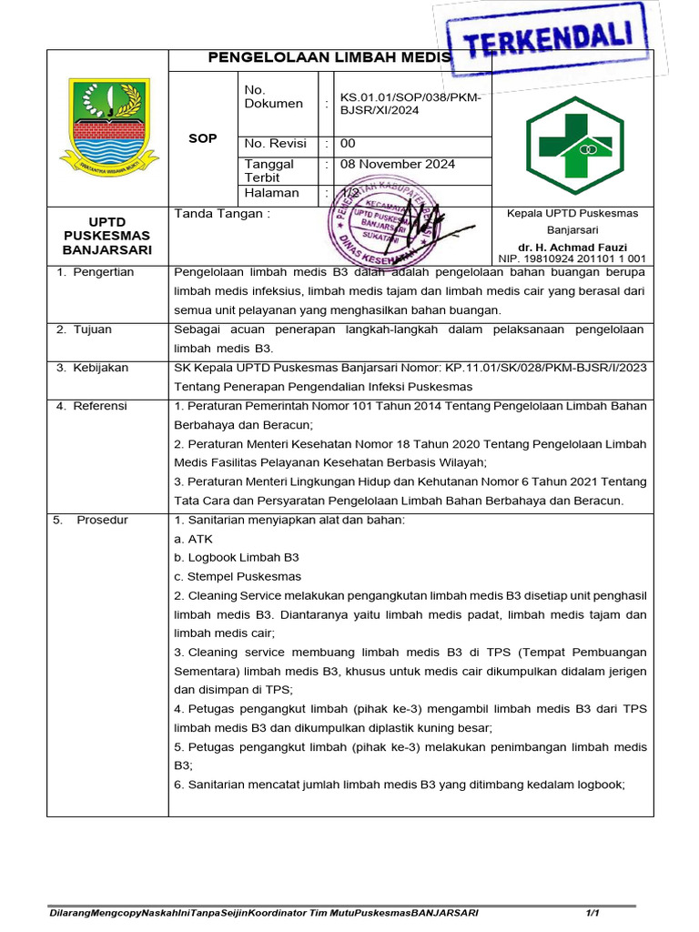 Sop Limbah Medis b3 | PDF