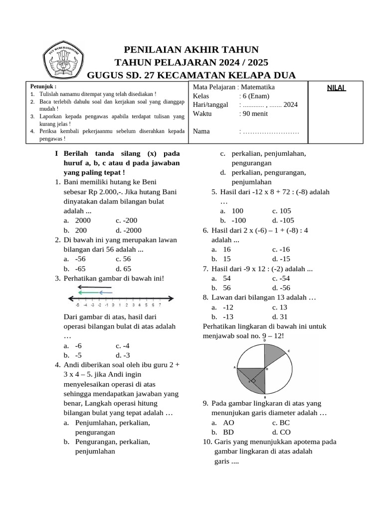 Soal MTK PAS Ganjil 2024 KLS VI | PDF