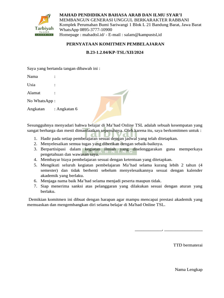 (MAHAD) Draft Surat Komitmen Mahad 2025-1 | PDF