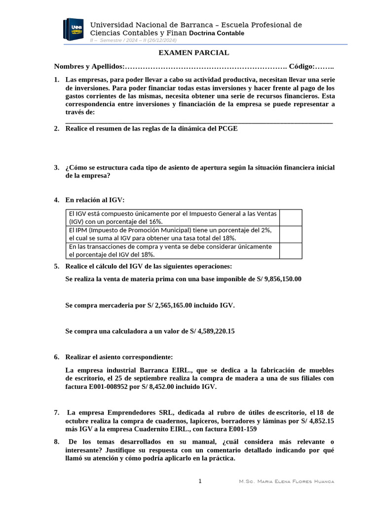 Examen Contable: IGV y Asientos 2024 | PDF