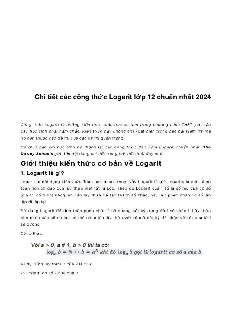 Chi tiết các công thức Logarit lớp 12 chuẩn nhất 2024 | PDF