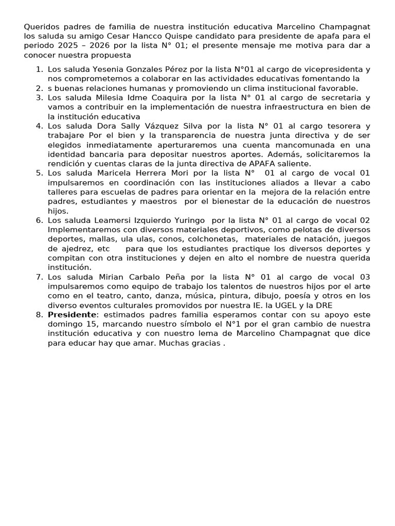 Mensaje Candidatos Apafa 2024 | PDF