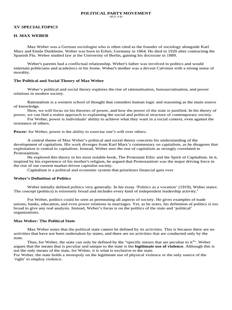 Ucc H.O. 9 Pol. Party Movement Spl. Topics Maxx Wber 5-8-24 | PDF | Democracy In America | Max Weber