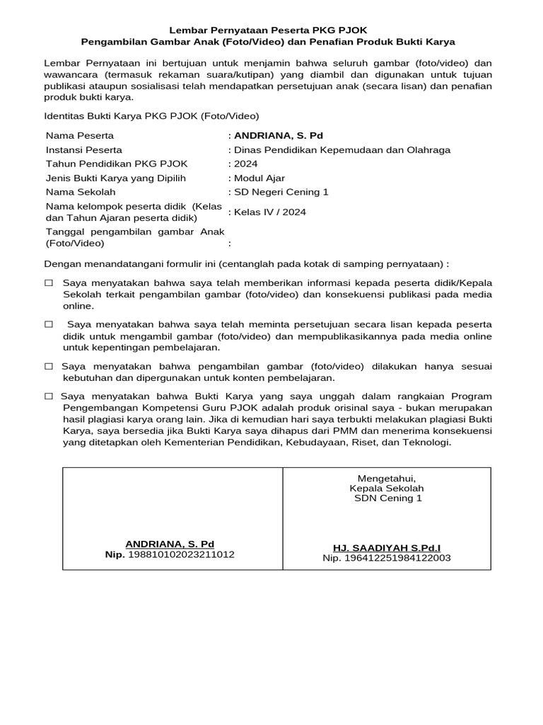 Persetujuan Publikasi Foto/Video PKG PJOK | PDF