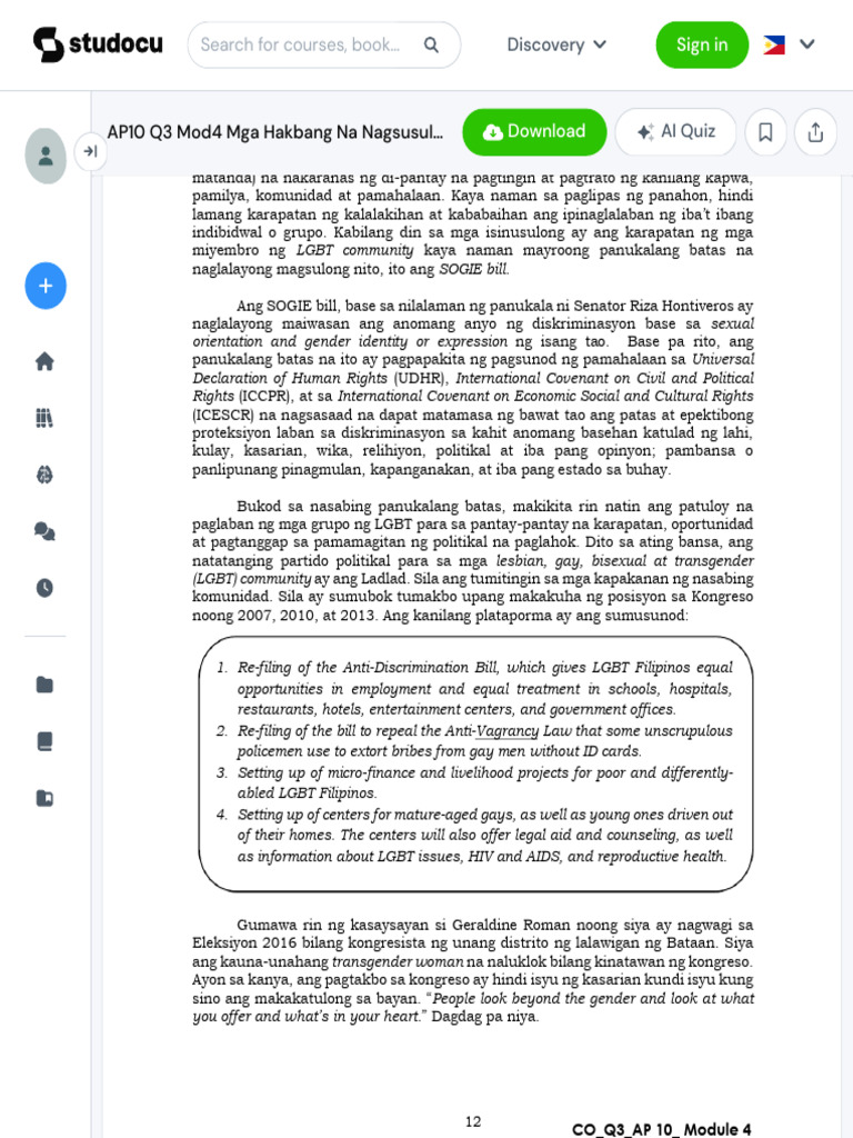 AP10 Q3 Mod4 Mga Hakbang Na Nagsusulong Ng Pagtanggap at Paggalang Sa Kasarian - Araling ...