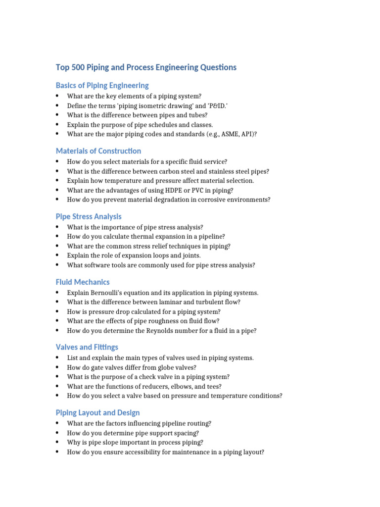 Top 500 Piping and Process Engineering Questions | PDF | Pipe (Fluid Conveyance) | Valve