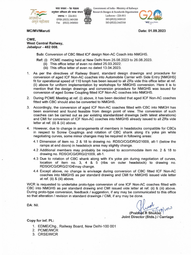 Letter To WCR - Proto-Type Conversion of ICF Coaches Fitted With CBC Into NMGHS | PDF