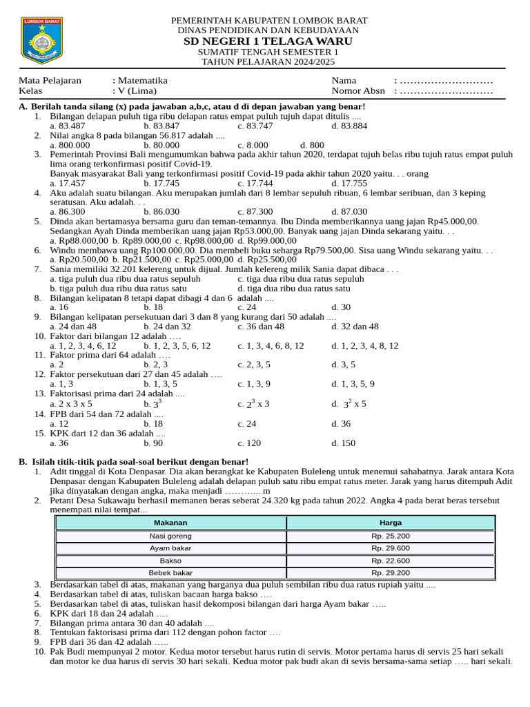 Soal Mid MTK Kelas 5 2024 | PDF
