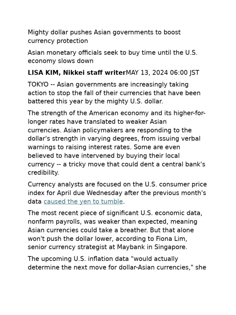 Mighty Dollar Pushes Asian Governments To Boost Currency Protection ...