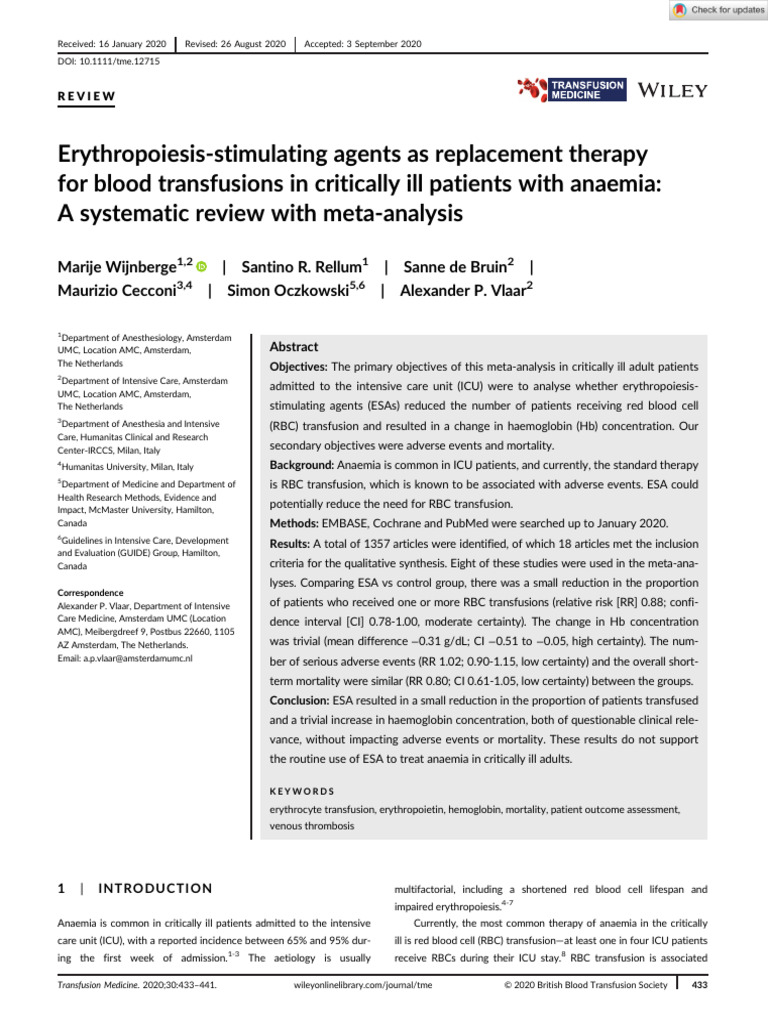 Transfusion Medicine - 2020 - Wijnberge - Erythropoiesis Stimulating ...