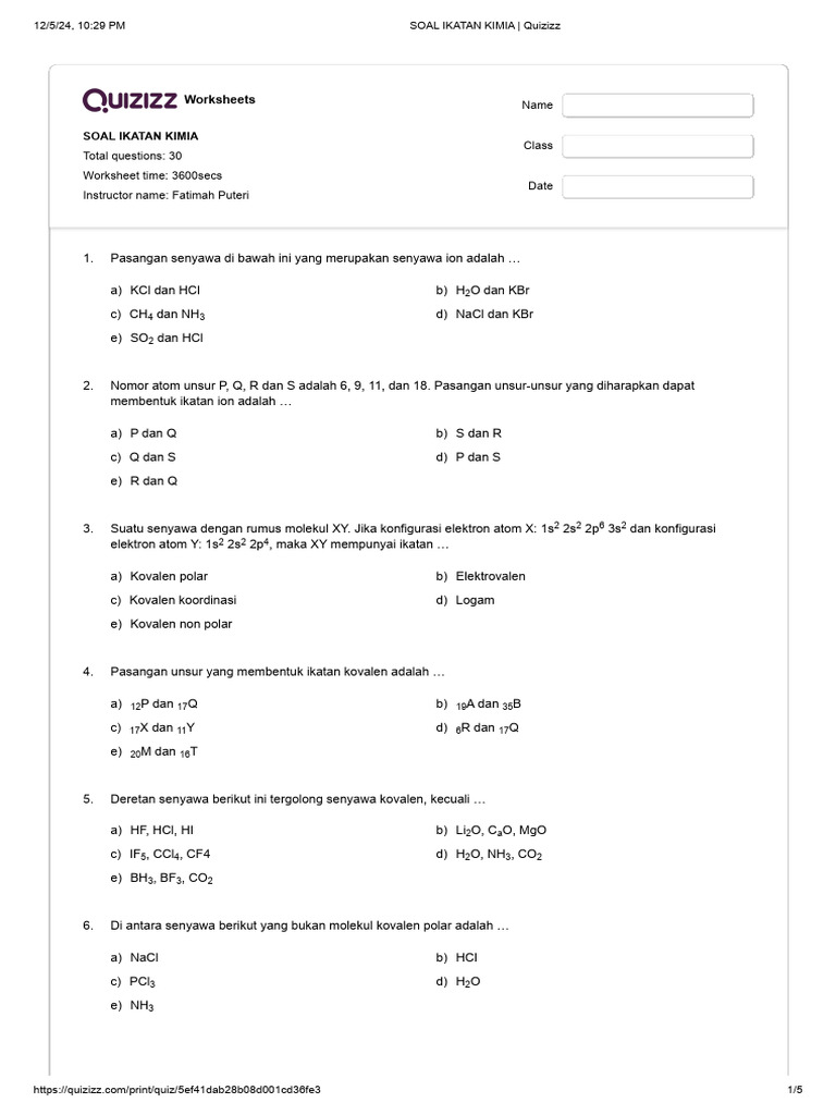 SOAL IKATAN KIMIA - Quizizz Remedial | PDF