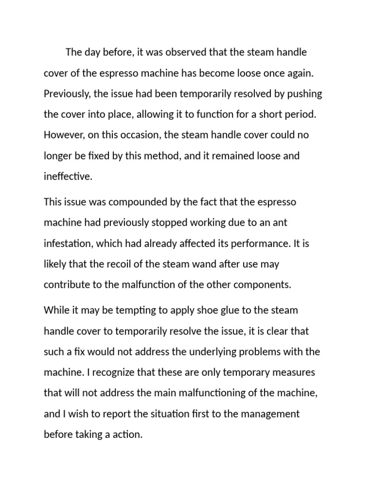 Espresso Machine Malfunction Report | PDF