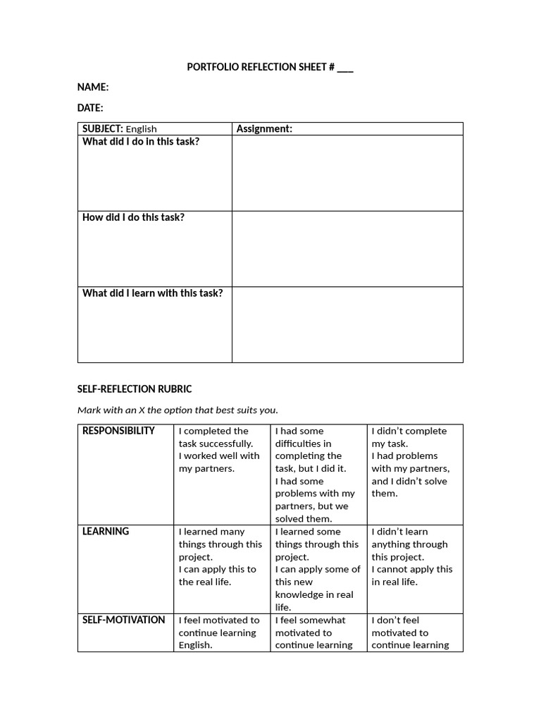 PORTFOLIO REFLECTION SHEET (1) | PDF