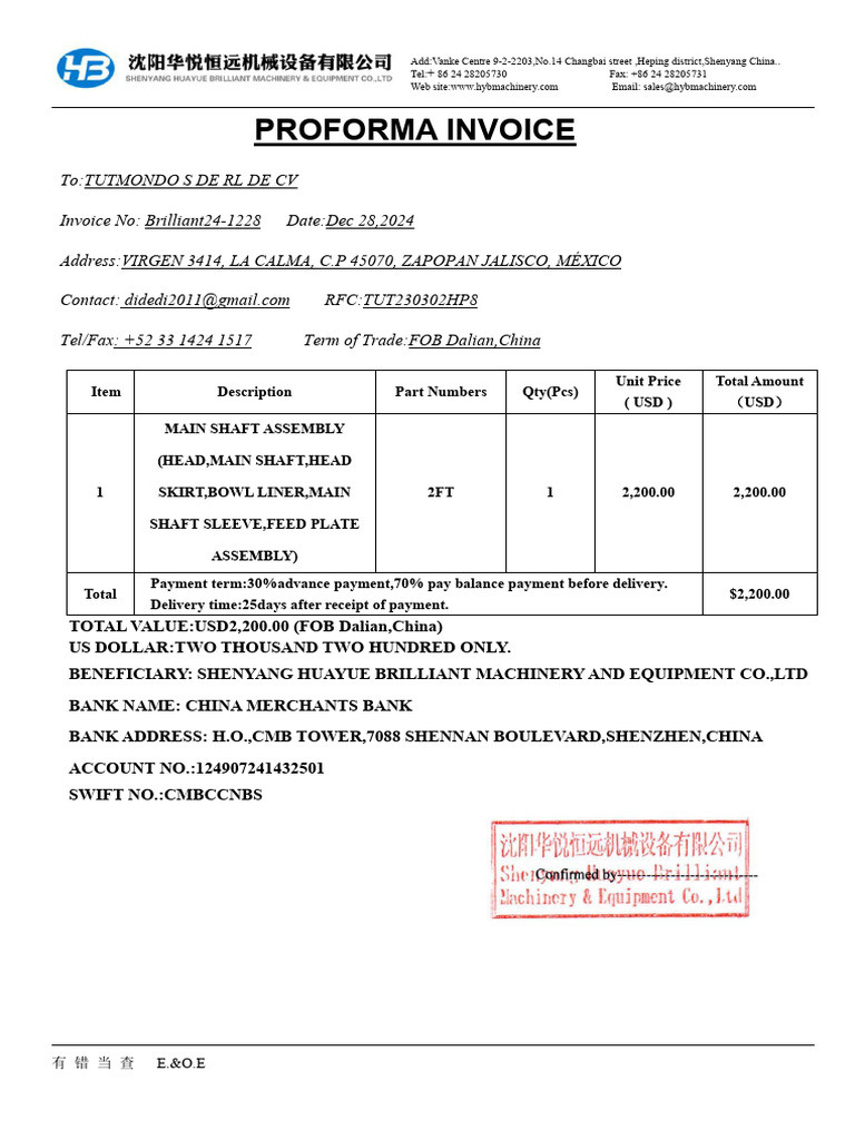 Proforma Invoice for Tutmondo S de RL de CV | PDF