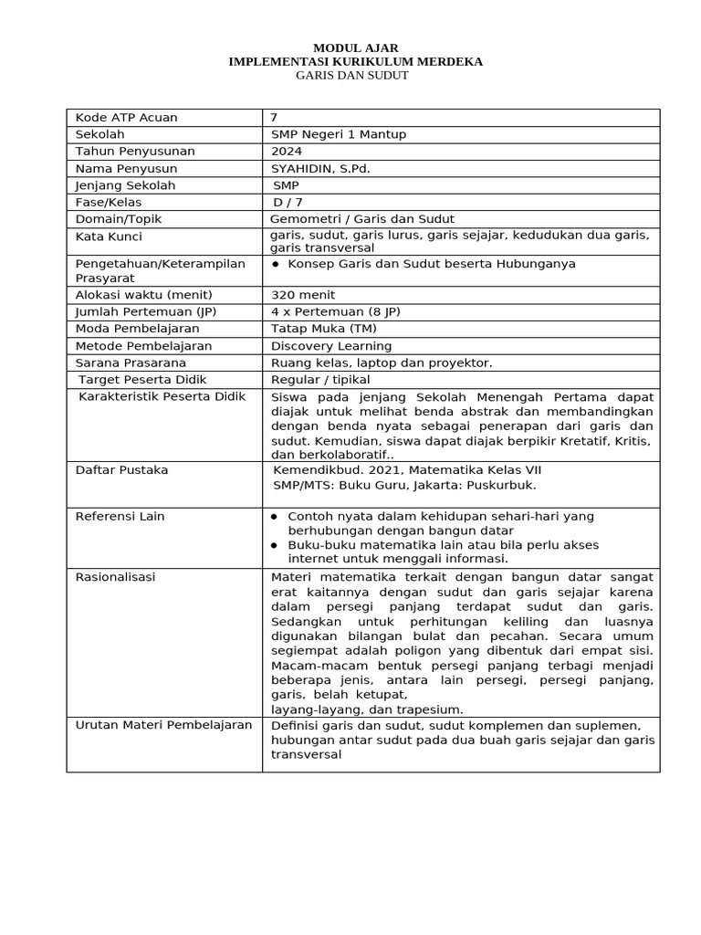 MODUL AJAR_SYAHIDIN_Matematika GARIS DAN SUDUT KELAS 7 - Fase D-1 | PDF