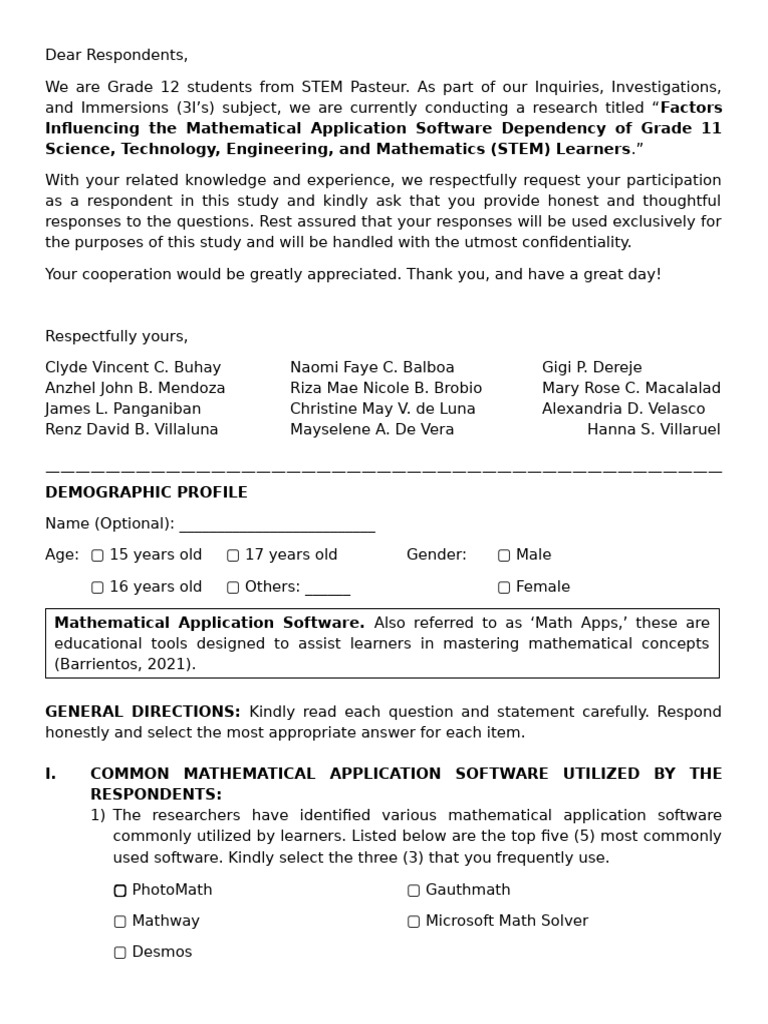 Group 1 Modified Survey Questionnaire | PDF | Mathematics | Software