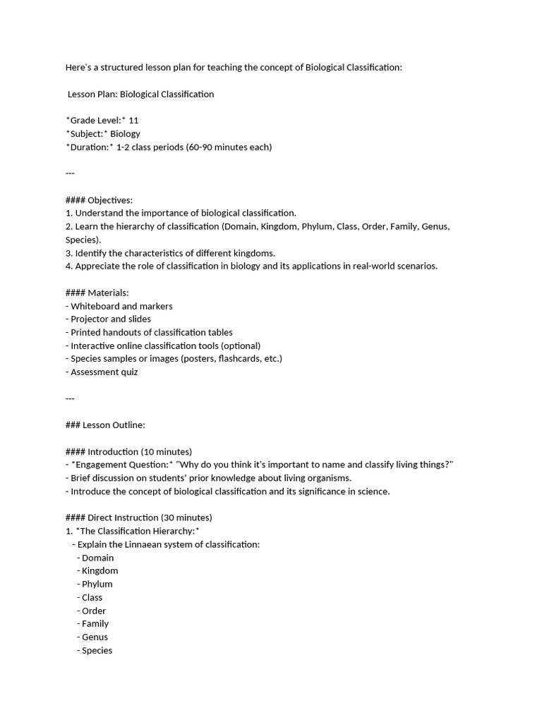 Biological Classification Lesson Plan | PDF | Taxonomy (Biology)